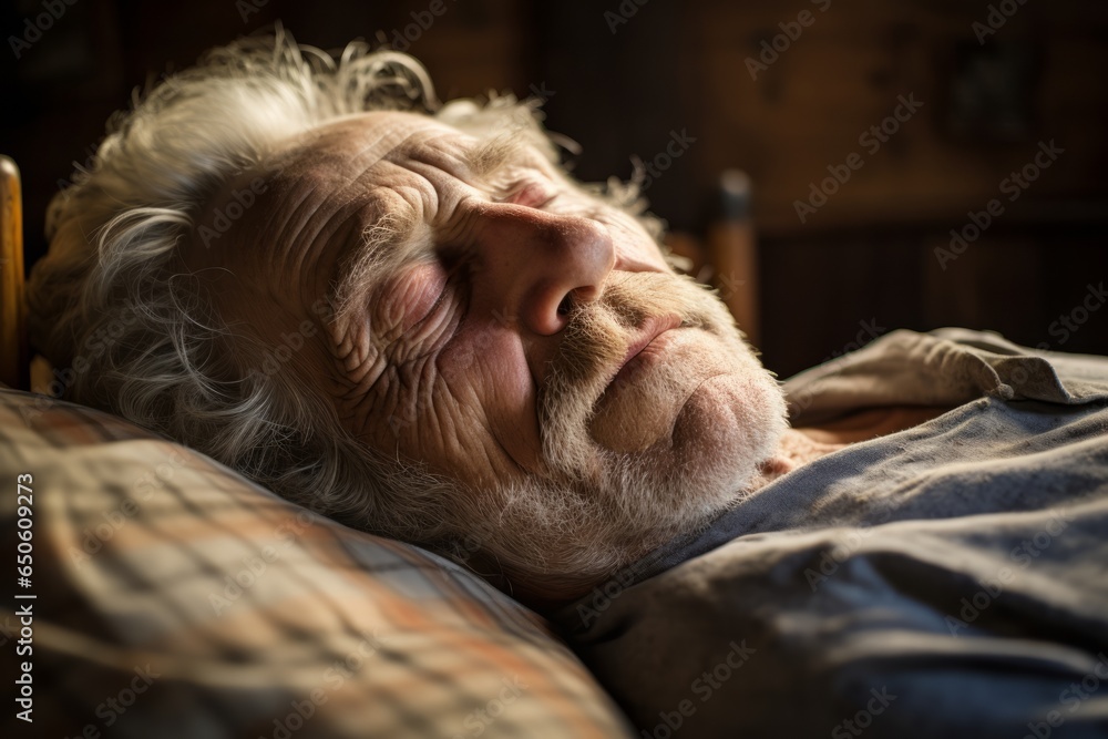 Old man, an elderly man, is lying on the sofa and dozing or having a ...
