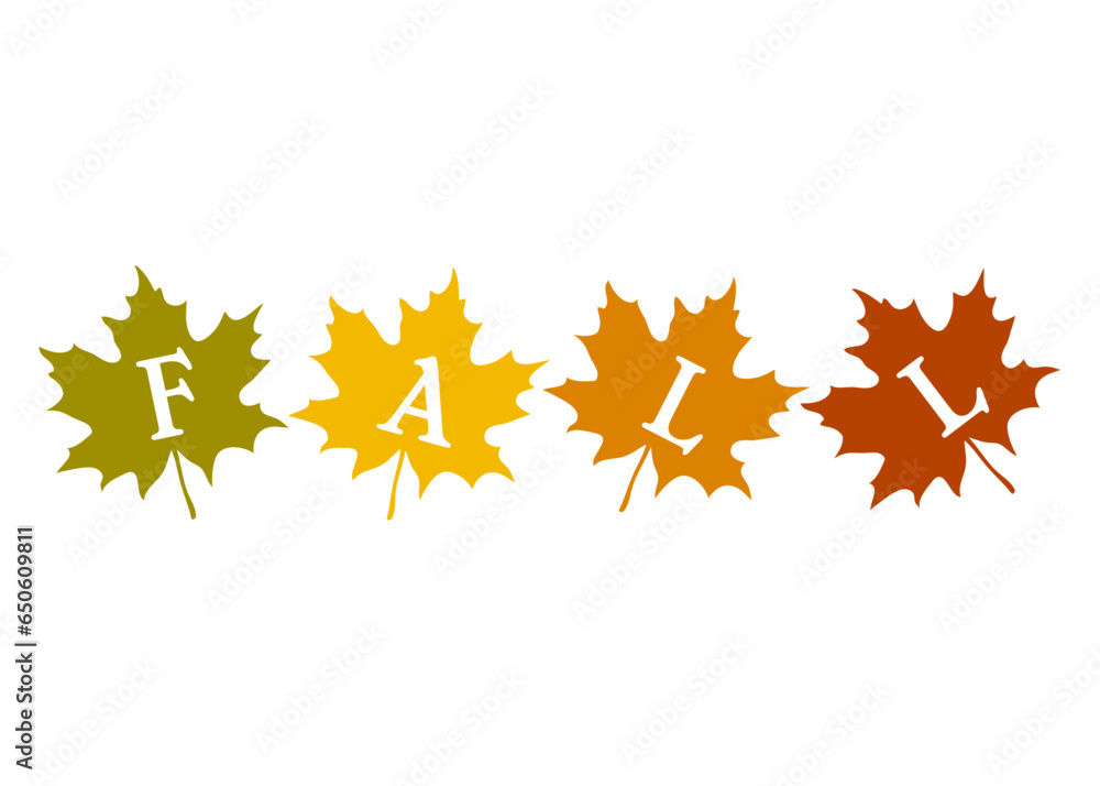 Logo con letras palabra Fall en siluetas de hojas de arce en paleta de ...