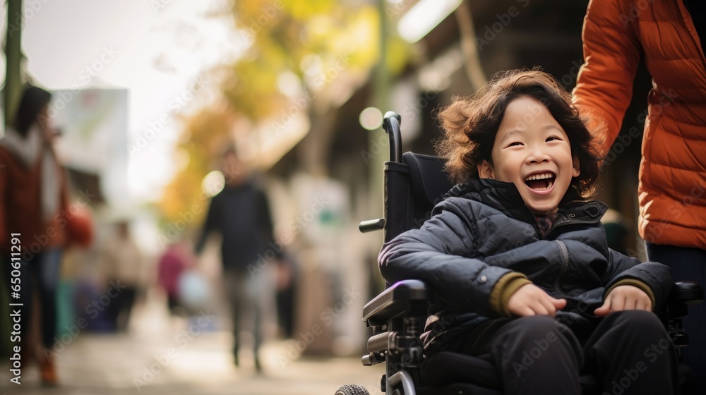 A beautiful little boy with a disability walks in a wheelchair with his ...