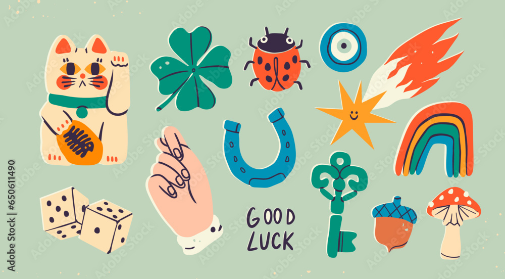 Maneki Neko, horseshoe, clover, acorn, evil eye, star, dice, fig, key ...