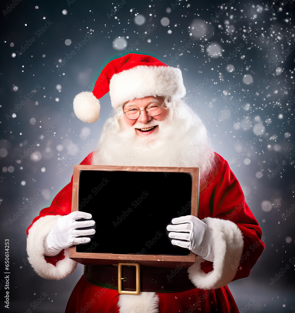 Santa Claus holding up a black sign for easy customization. Concept of ...