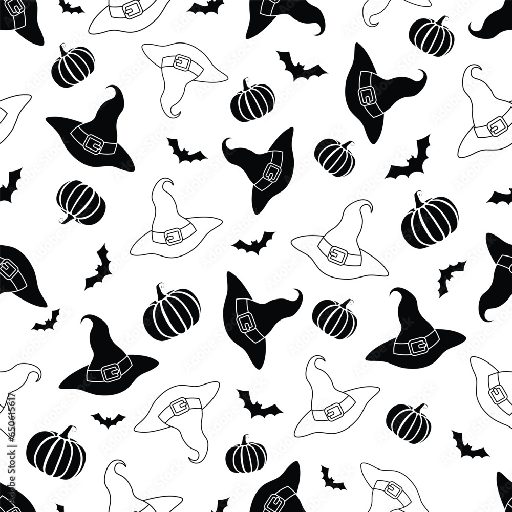 Vector seamless pattern of pumpkins, witch hats and bats silhouette ...