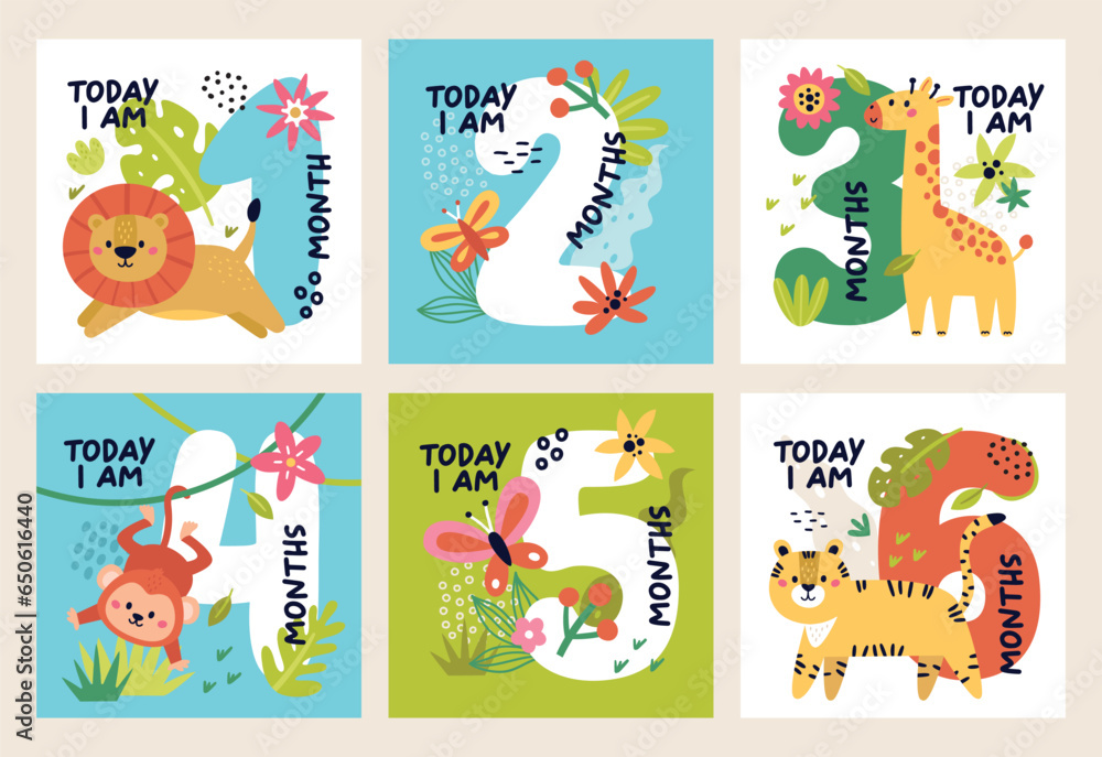 Baby milestone vector cards with safari jungle animals Stock Vector ...