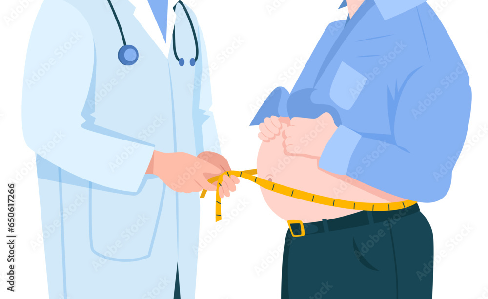 Vector of an obese, overweight male patient, doctor measuring with tape ...