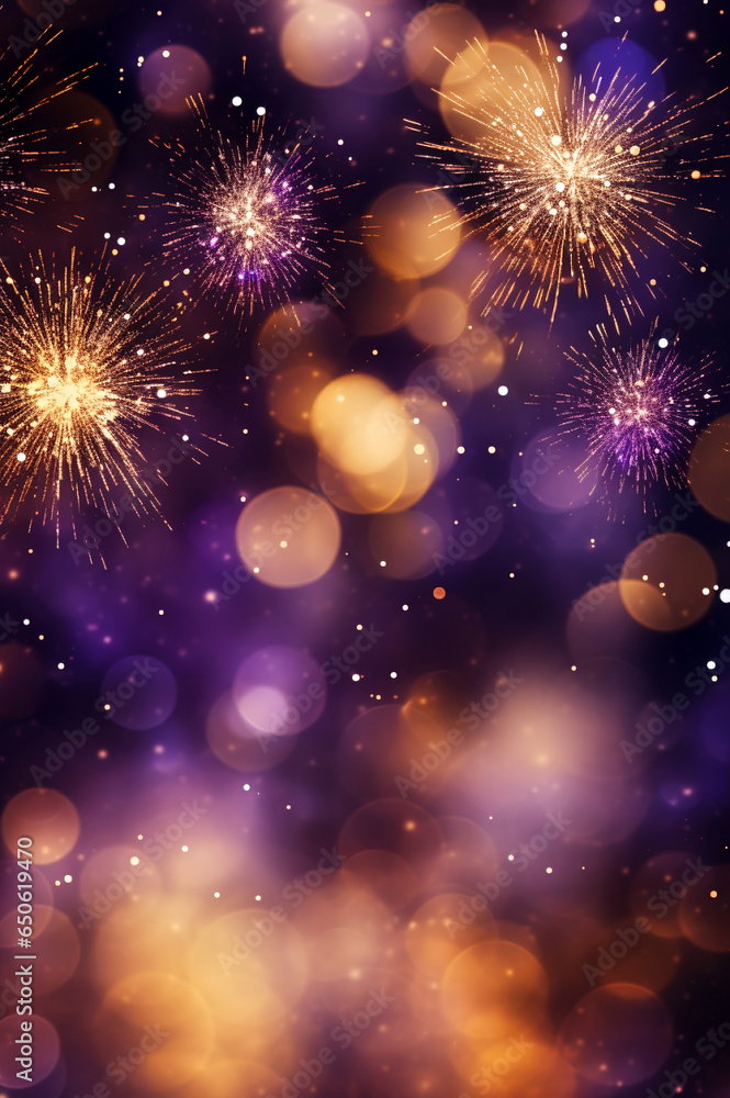 Gold and dark violet Fireworks and bokeh in New Year eve and copy space. Abstract background ...