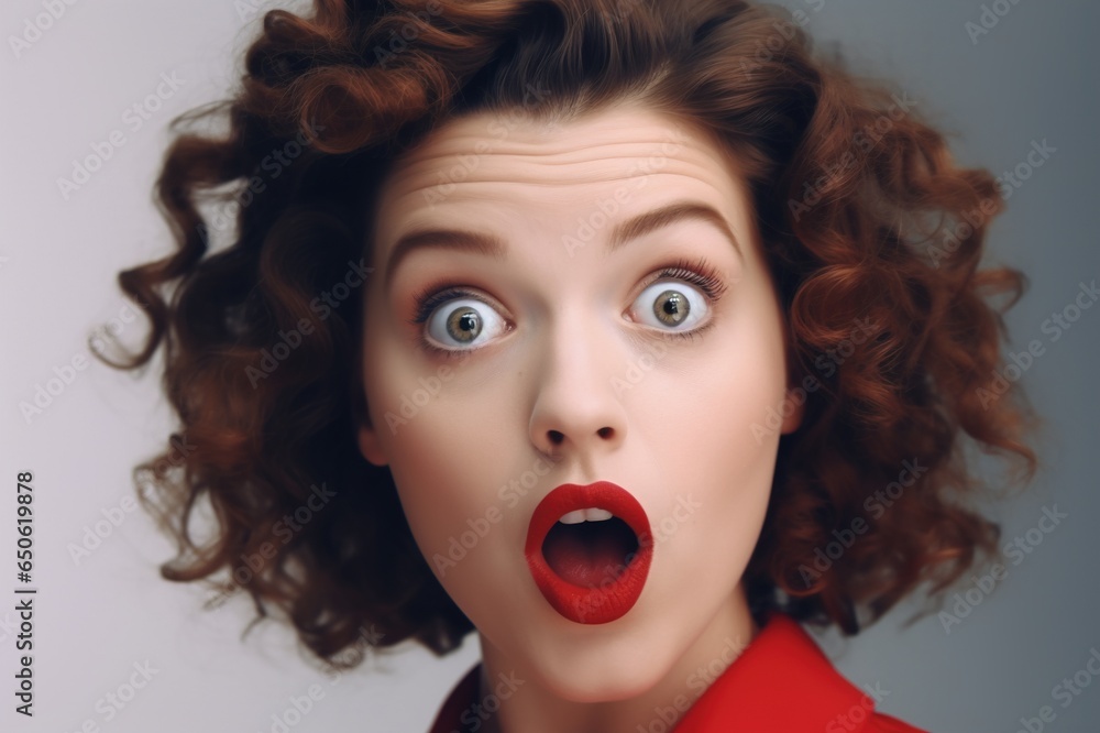 Shocked and surprised girl screams, Woman with curly hair is amazed ... Shocked and surprised girl screams, Woman with curly hair is amazed ...