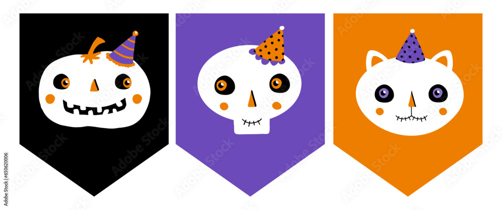 Funny Hand Drawn Halloween Vector Bunting. Garland with White Skull ...