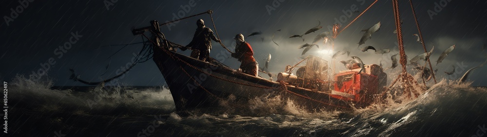 Fishermen at a fishing boat fighting the waves ultrawide oceanic ...