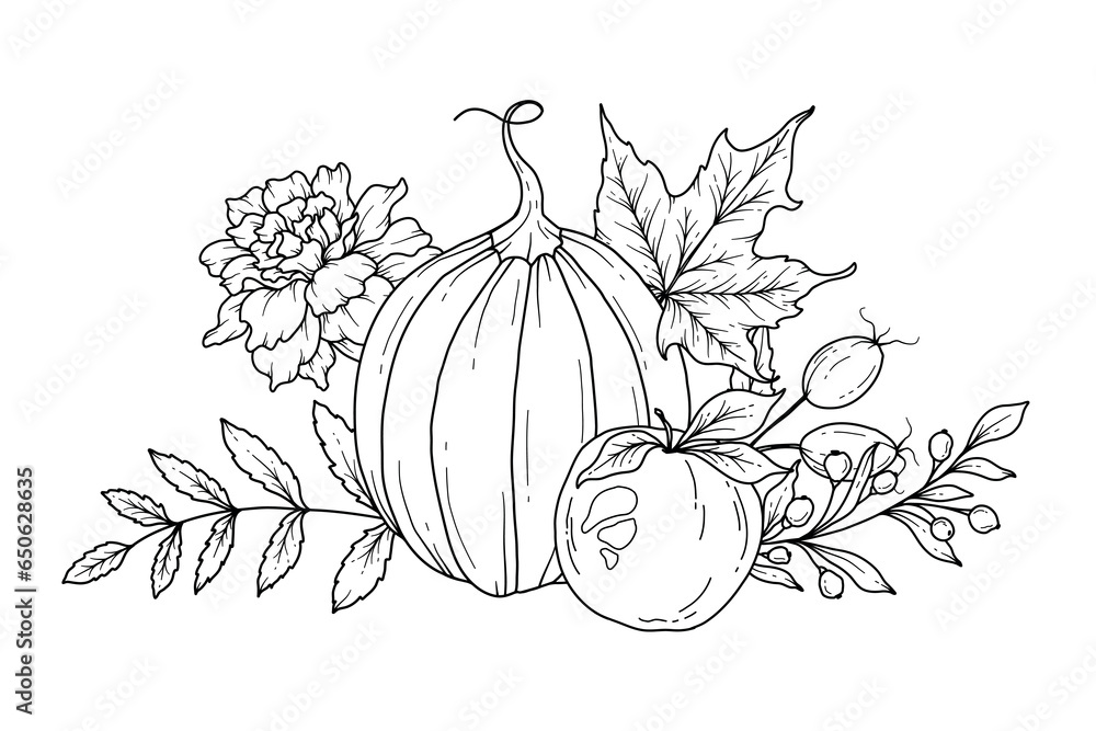 Vetor de Fall floral arrangement outline. Fall Foliage Line Art ...