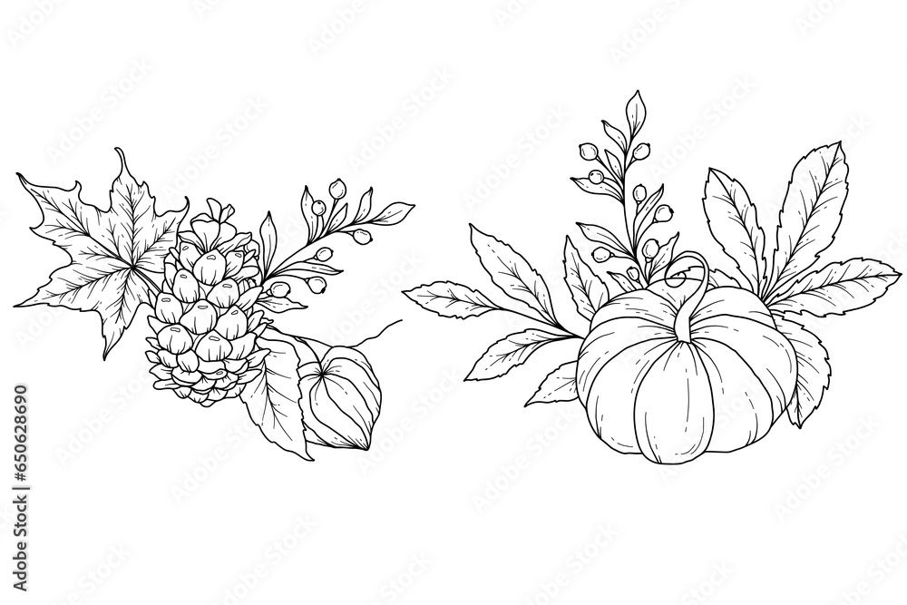 Fall floral arrangement outline. Fall Foliage Line Art Illustration ...