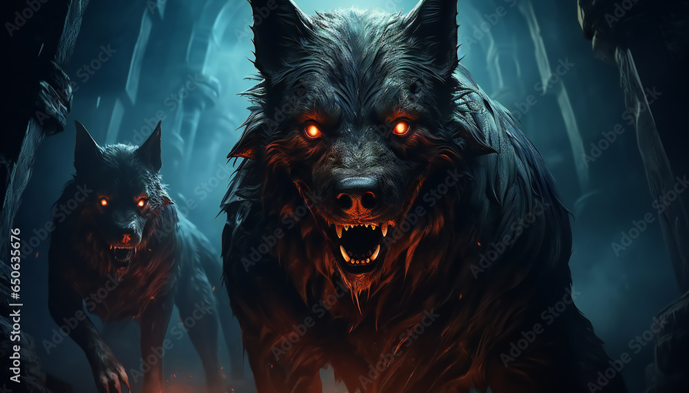 Artistic recreation of furious dogs attacking as Cerberus dog, hound of ...