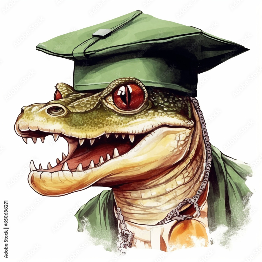kolorowa ilustracja wesołego krokodyla jako absolwenta uczelni w stroju ...