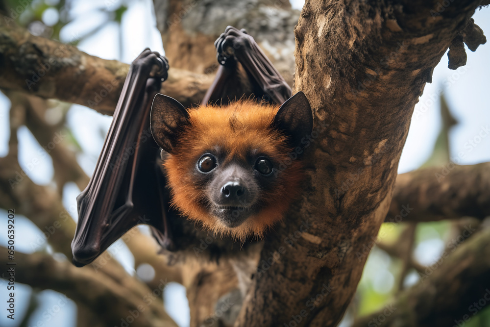 Pteropus vampyrus or large flying fox bat handing on a tree, close-up ...