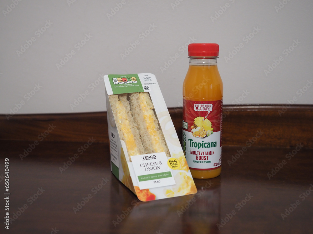Tesco cheese and onion sandwich and Tropicana fruit juice Stock Photo ...