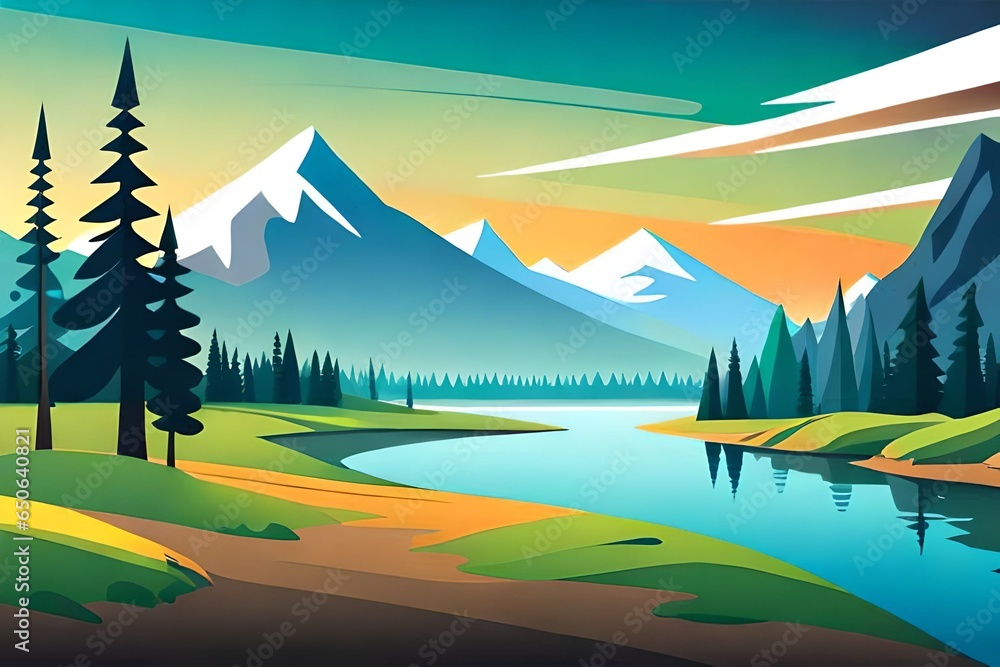 Mountain landscape with stormy river with forest. Cartoon flat ...
