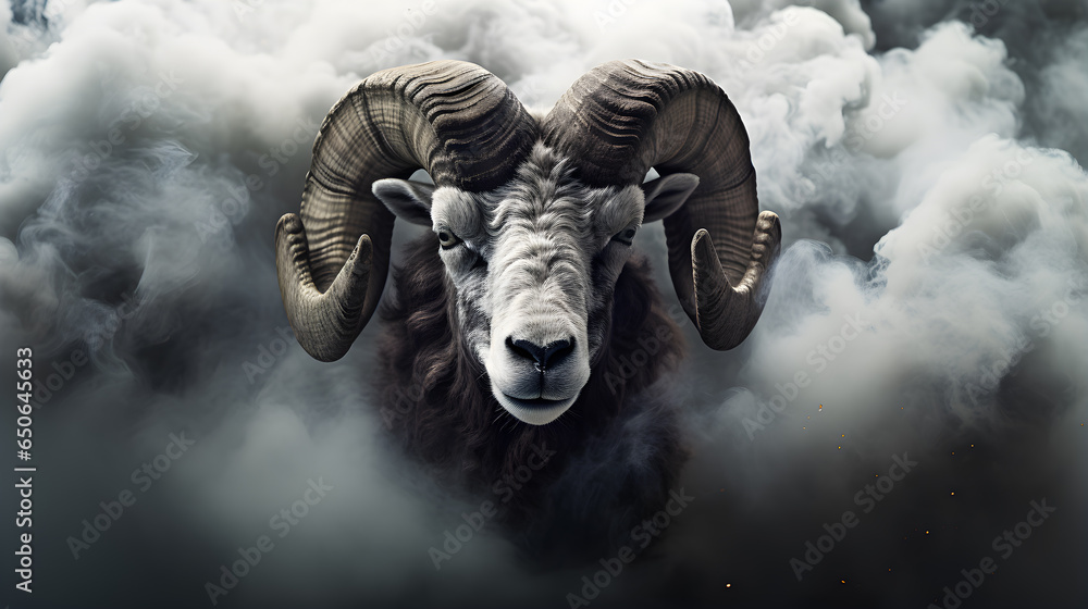 majestic ram with huge horns in smoke behind it Stock Illustration ...