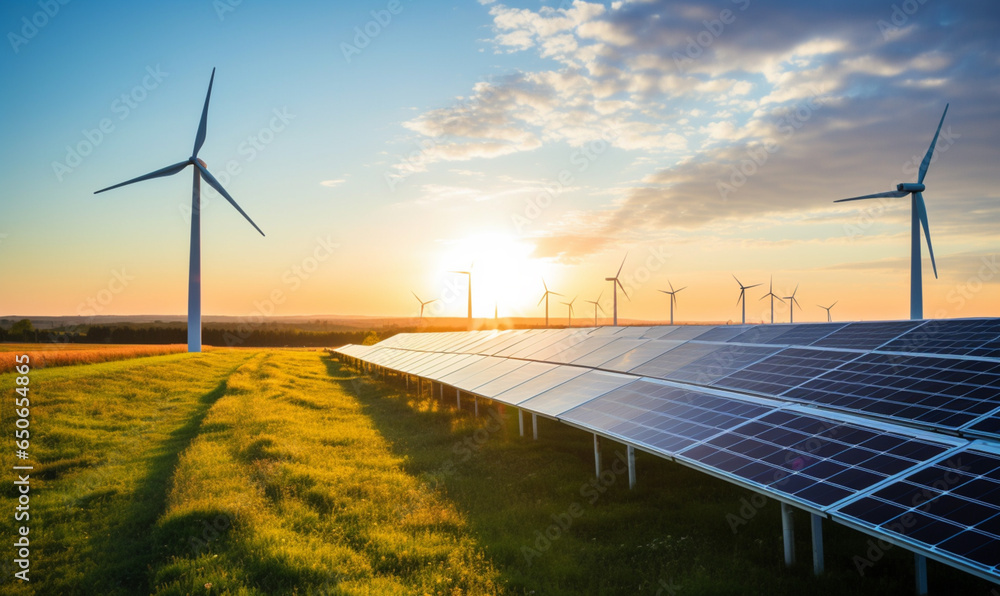 Green power plant with solar panels and Wind turbines renewable energy ...