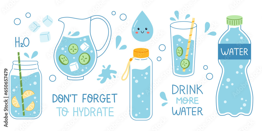Vector drink more water set. Glass, jar, bottle and jug of clean water ...