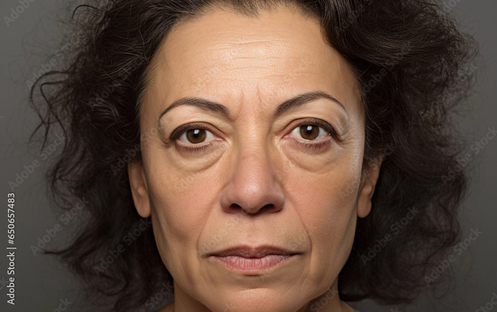 Close up portrait of mature middle aged woman bare face with no makeup ...