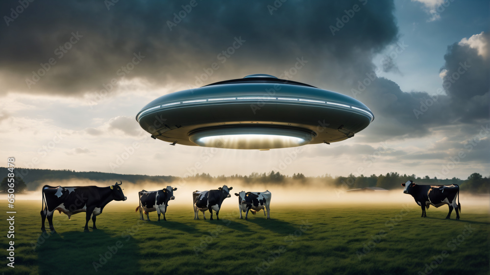 Flying saucer on cow farm. Photorealistic and high resolution concept ...