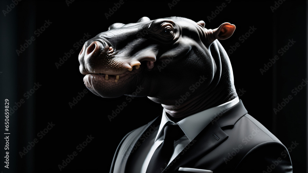 Hippo in black business suit with isolated black background. Highly ...
