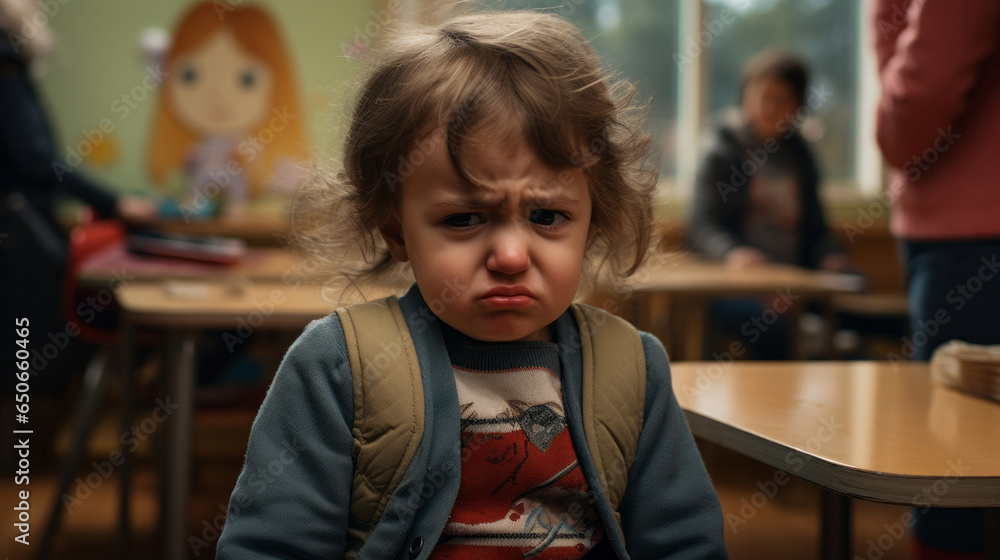 Toddler sitting and crying at kindergarten. Sad unhappy baby boy crying ...