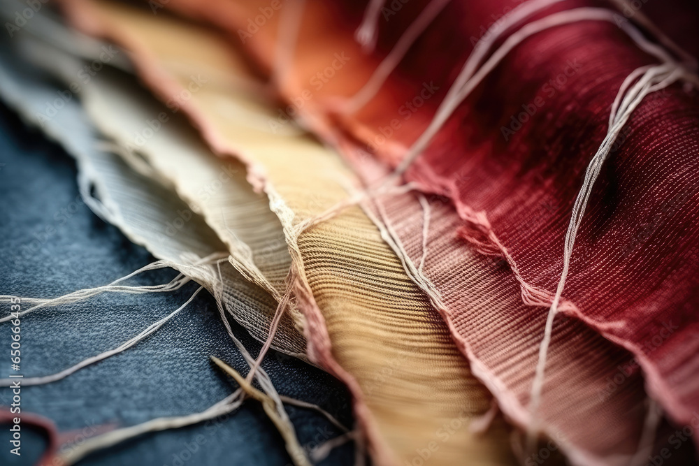 Delicate fabric threads, worn and frayed, unveil a captivating close-up ...