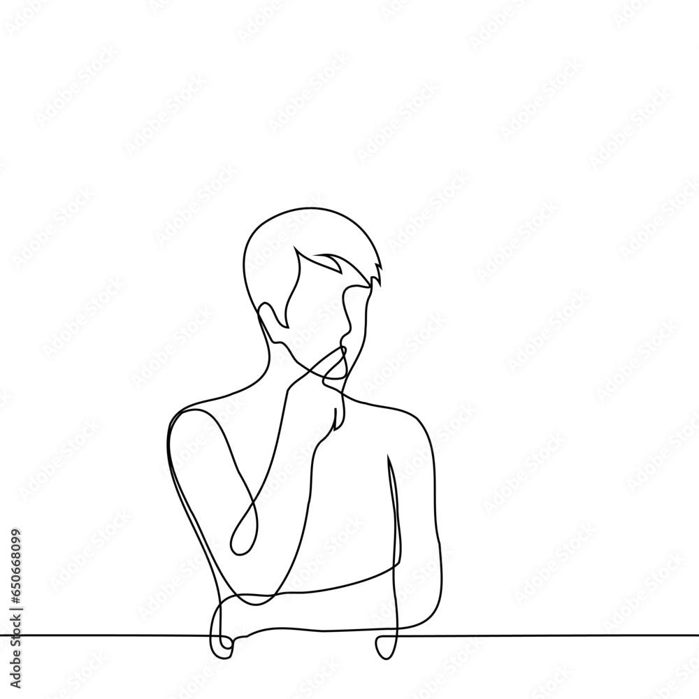 man stands with crossed arms putting index finger to lips - one line ...