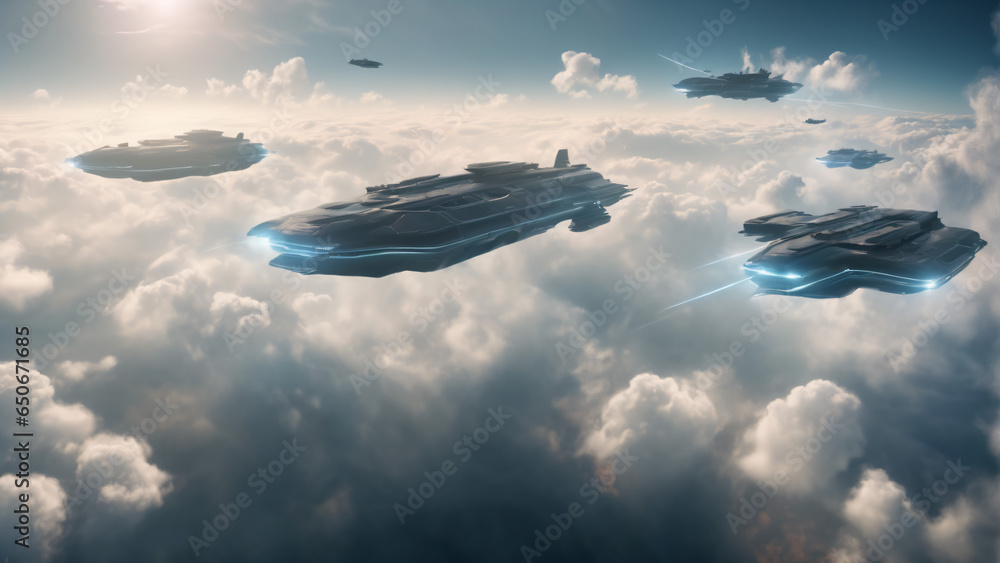 Spaceships on earth like planet flying through the clouds. Extremely ...