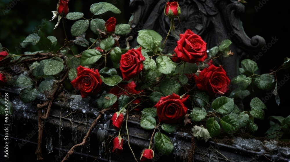 Wild red rose bush thriving in a old gothic cemetery near ruined and ...