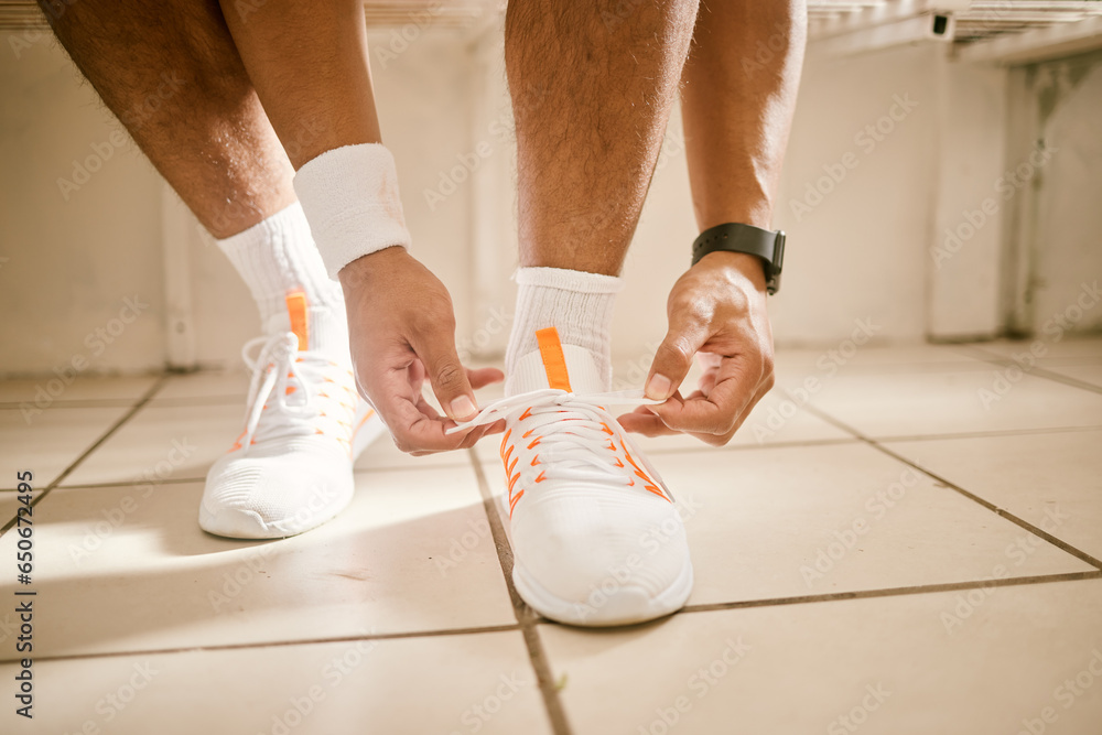Locker room, fitness and person tie shoes for training, exercise and ...