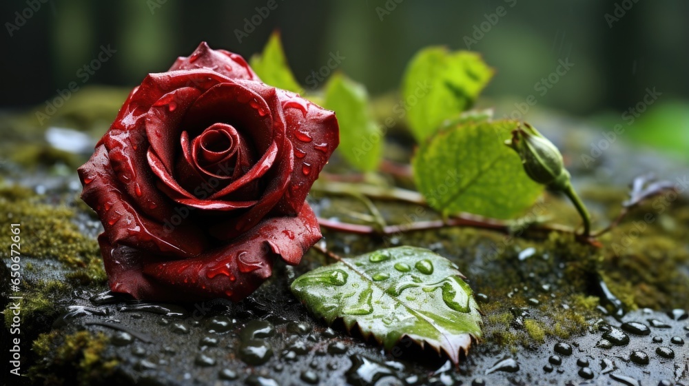 Wild red rose bush thriving in a old gothic cemetery near ruined and ...
