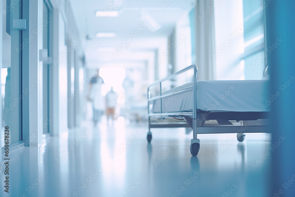 Blurred modern hospital corridor background. Abstract blurred clinic ...