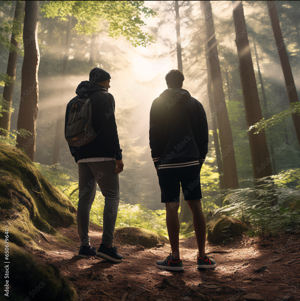 amidst a dense forest, two adventurous men, pause on a trail, Two men ...
