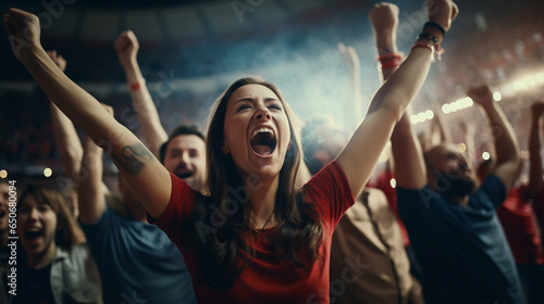 female fan with raised arms shouting with delight among other fans in ...