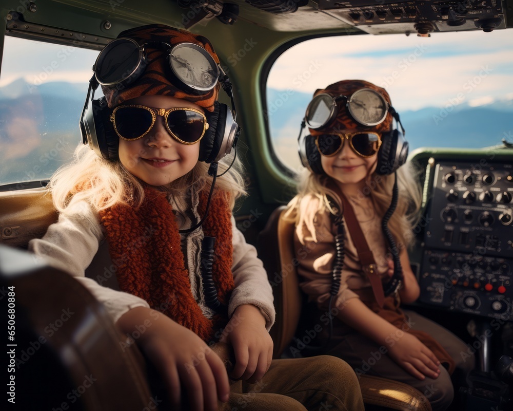 Two happy and joyful little girls in an airplane as a pilots in the ...
