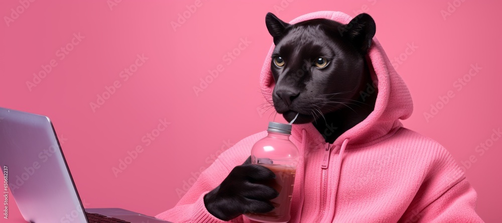 Black panther or panther doing work business from a laptop computer ...