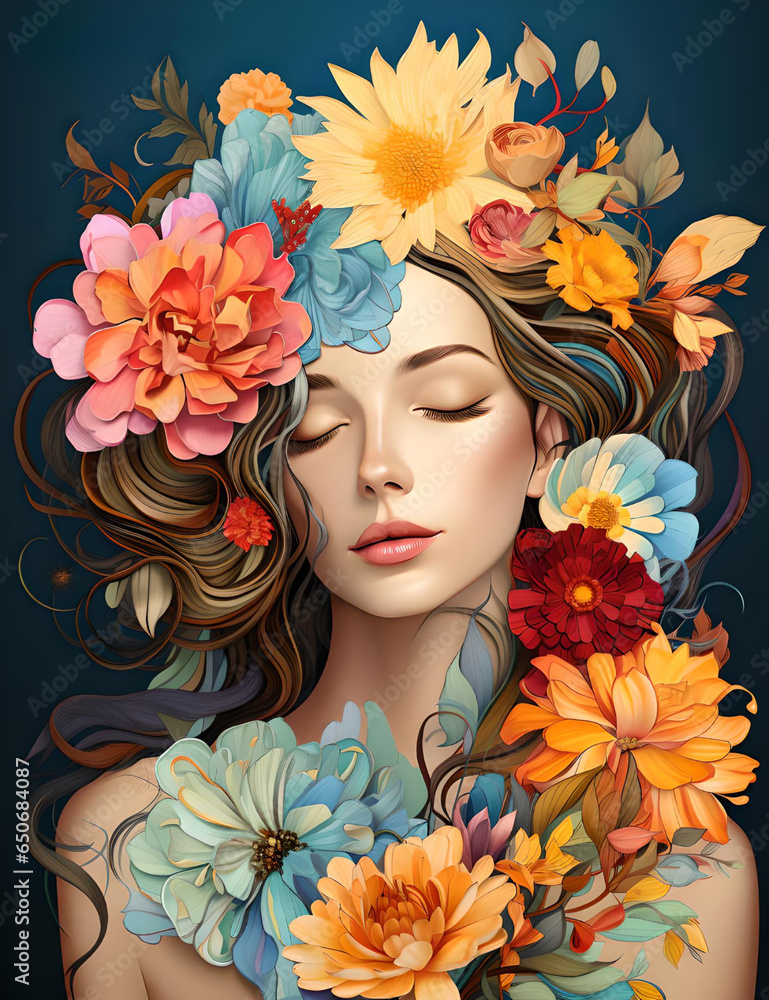 Beautiful woman with flowers, woman's face, Model face, Illustration ...