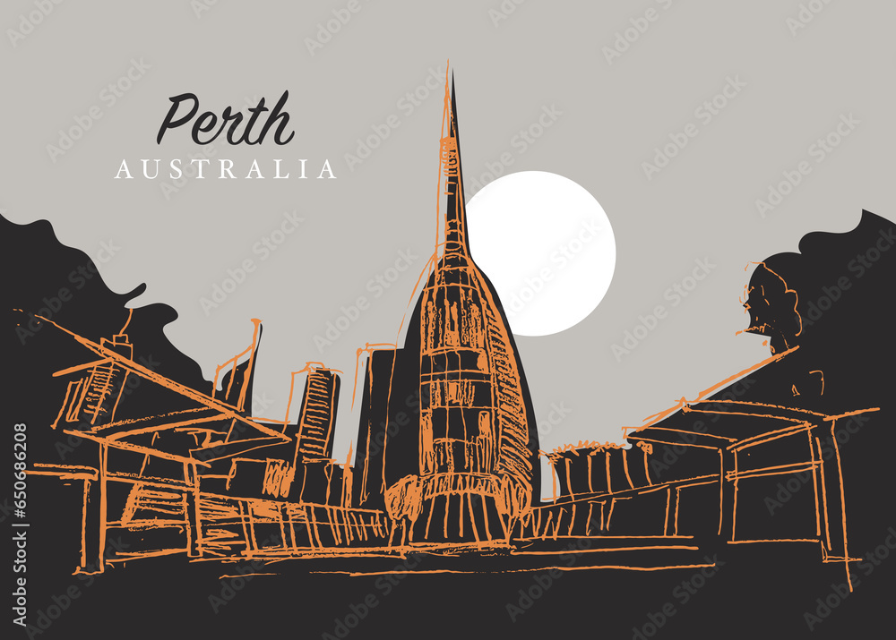 Drawing sketch illustration of the Swan Bells, a modern bell tower in ...