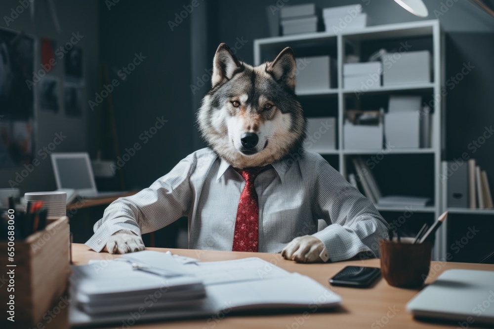 a wolf in a blue shirt and a tie sits at the office desk, a wolf in the ...