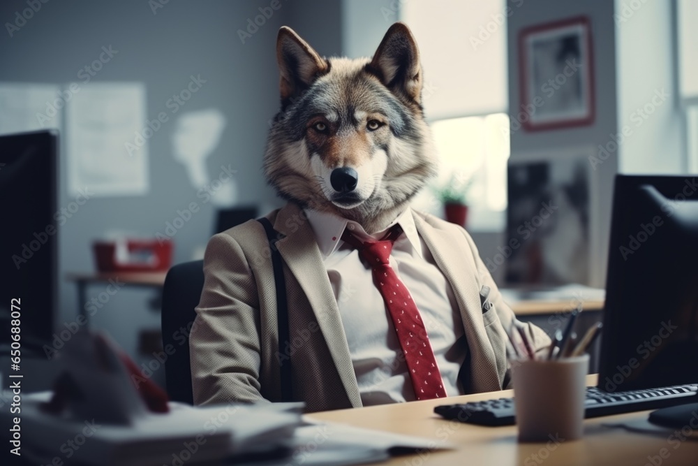 a wolf in a white shirt with a tie sits at the office desk, a wolf in ...