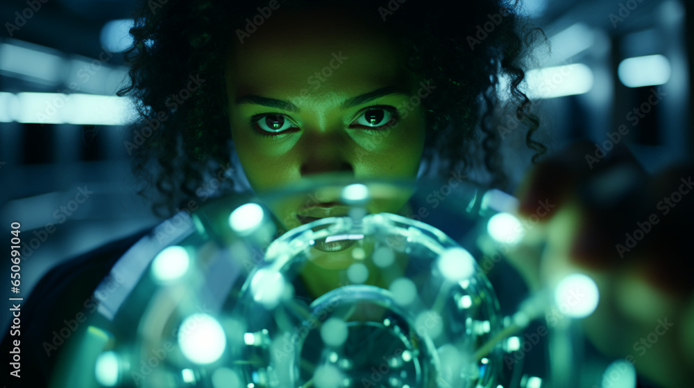 A Female Medical Researcher Observes A Bioluminescent Biosensor Reacting To Pathogens In Real
