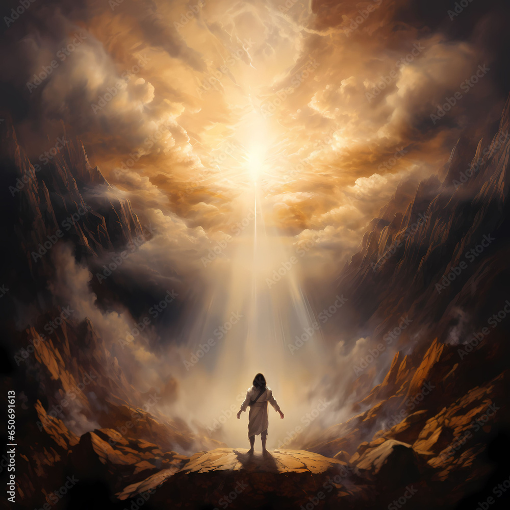 Silhouette of person standing on hill looking to God in heaven Stock ...