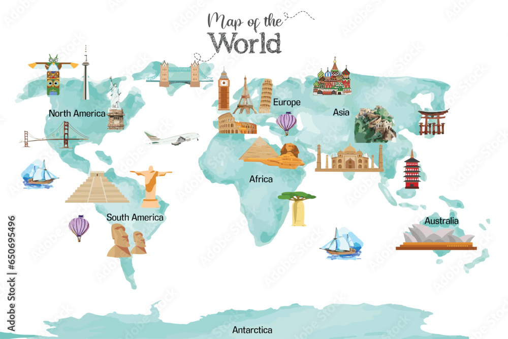 Landmarks Map of The World Poster: Educational Watercolor Print Stock ...