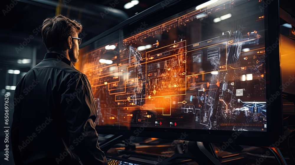 Engineer manager monitors and controls robot arm automation in smart factories in real time ...