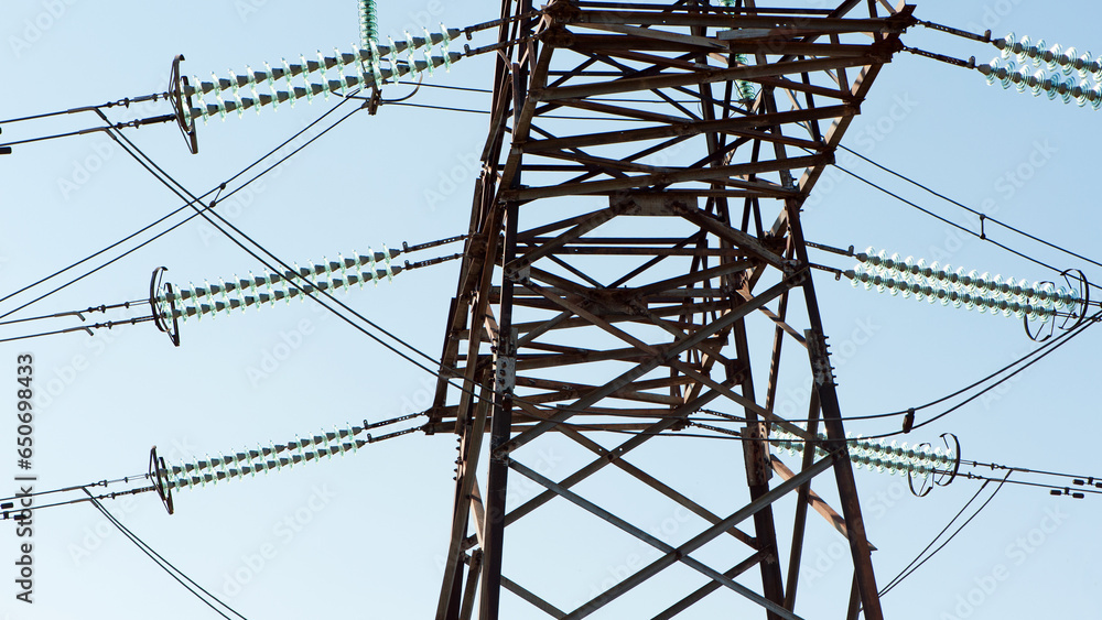 power line construction of cable supports and insulators. High voltage ...