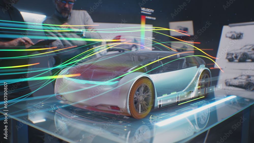 Two automotive engineers check aerodynamics of new electric car using ...