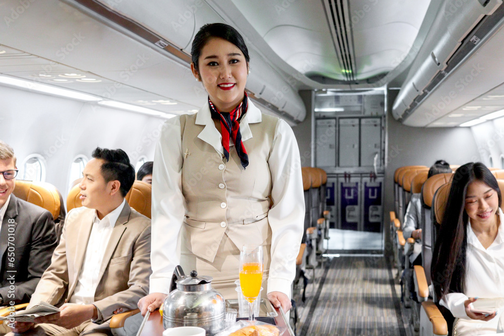 Beautiful Asian female cabin crew air hostess serving food and drink ...