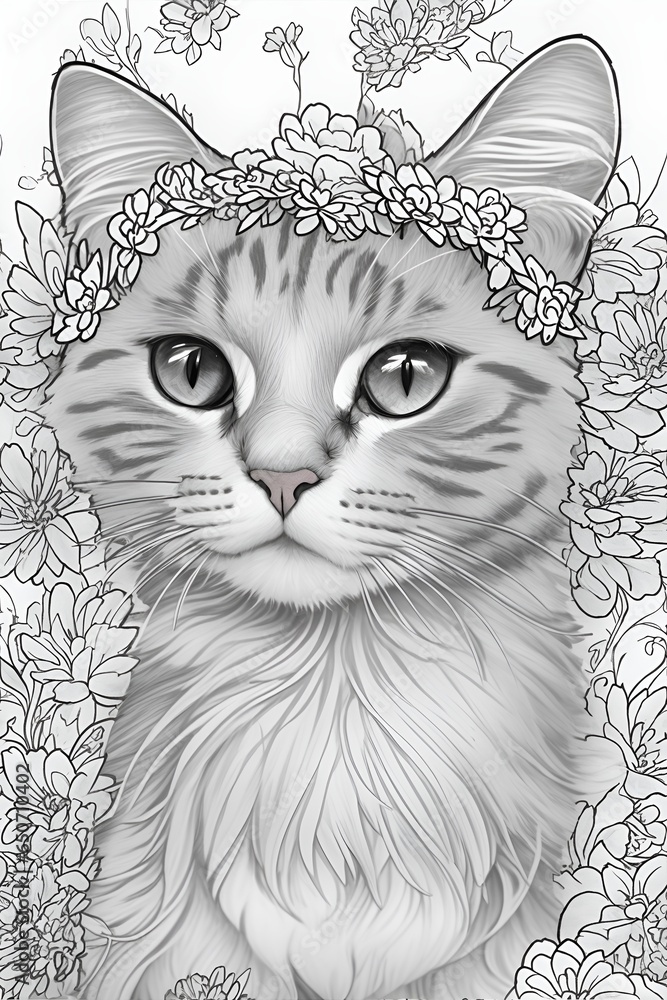 Line art for coloring a cat wearing a flower crown and having flowers ...