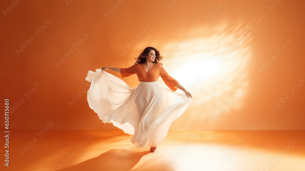 Lucky plus-size lady overweight woman in fashion dress happy dancing ...